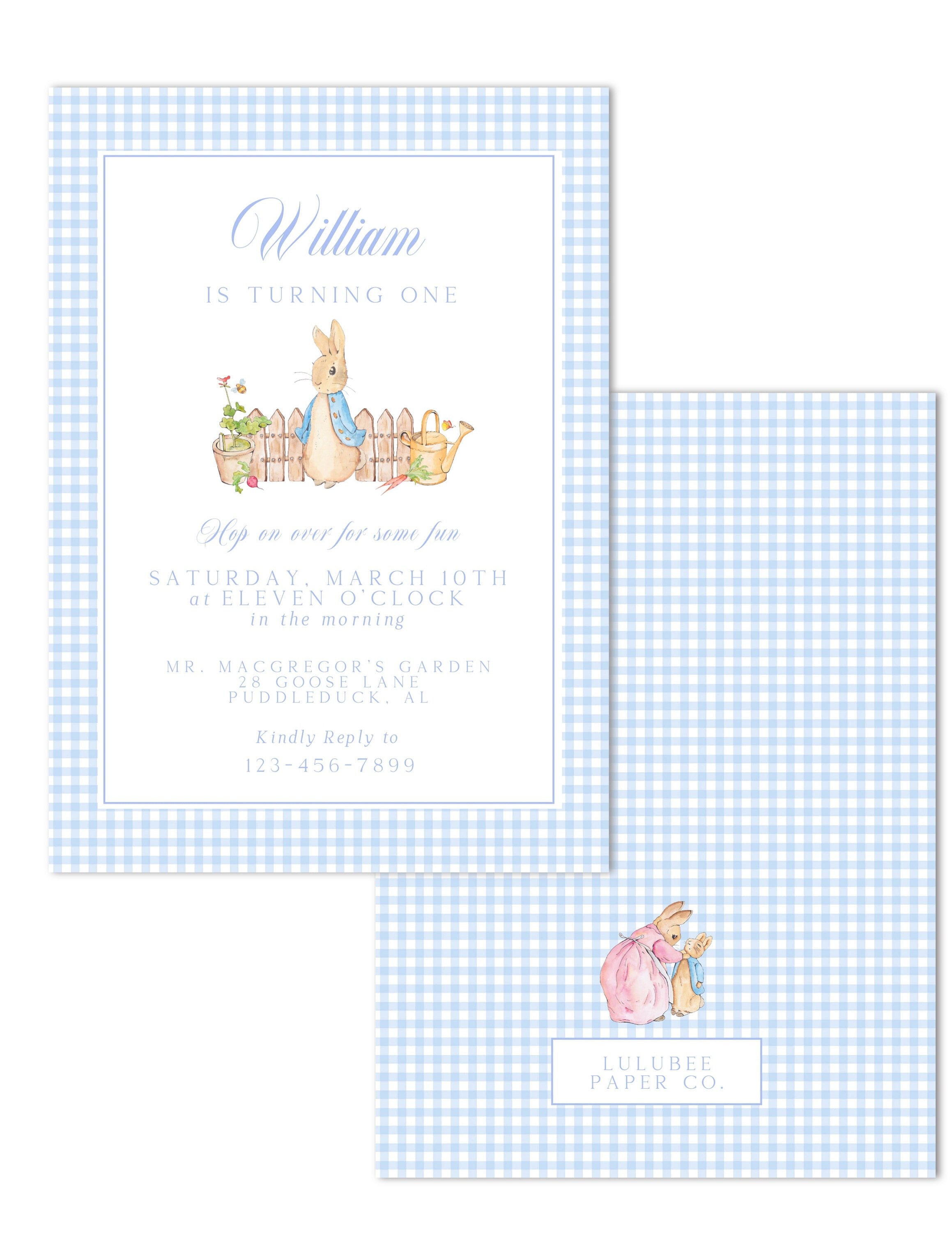 Watercolor Peter Rabbit Birthday Invitation - Blue Gingham Peter Rabbit ...