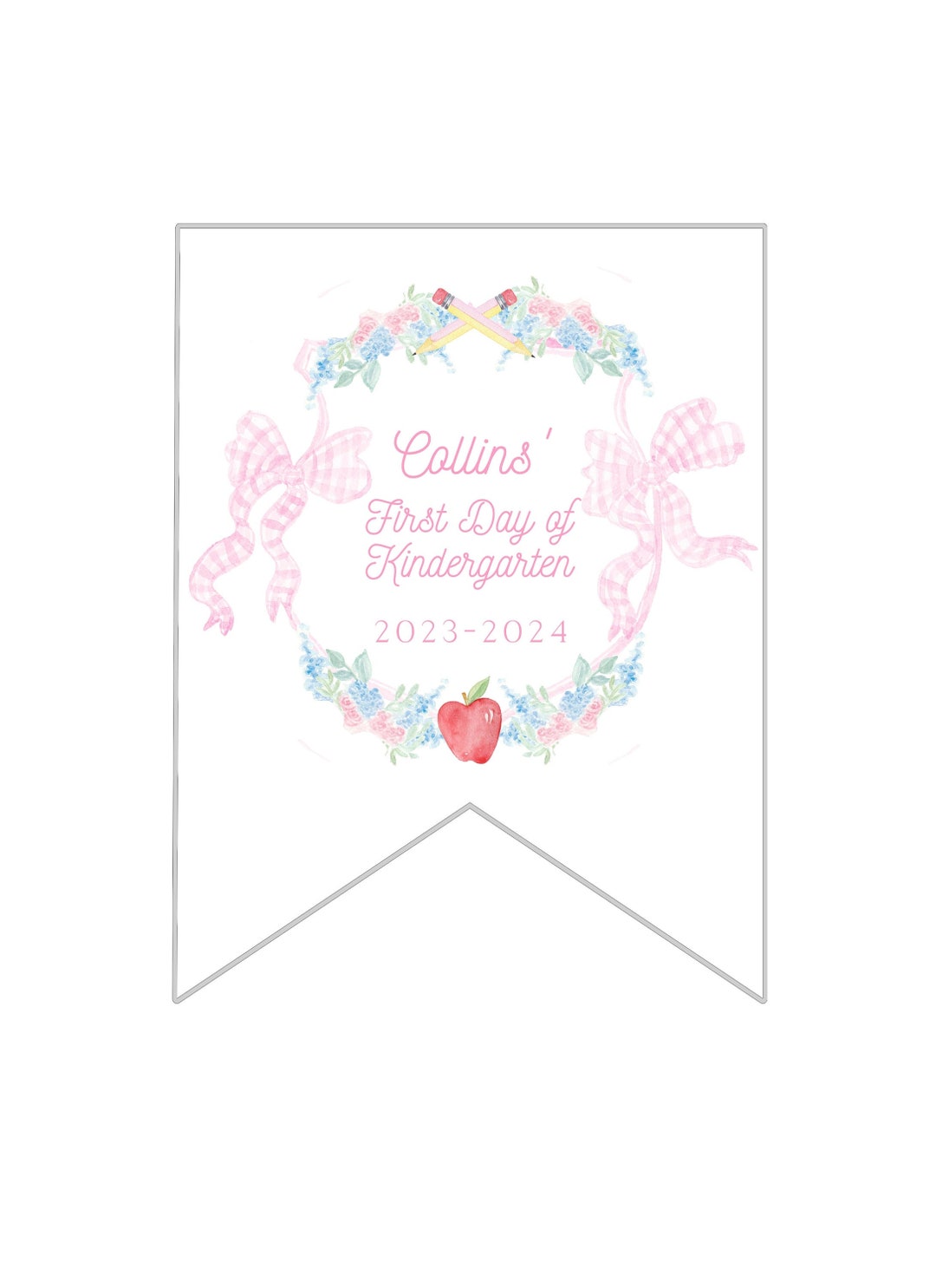 Printable First Day of School Banner - Pink Gingham Bow Crest - Preppy ...