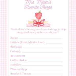 Printable Teacher Favorite Things List - Back to School, All About My ...