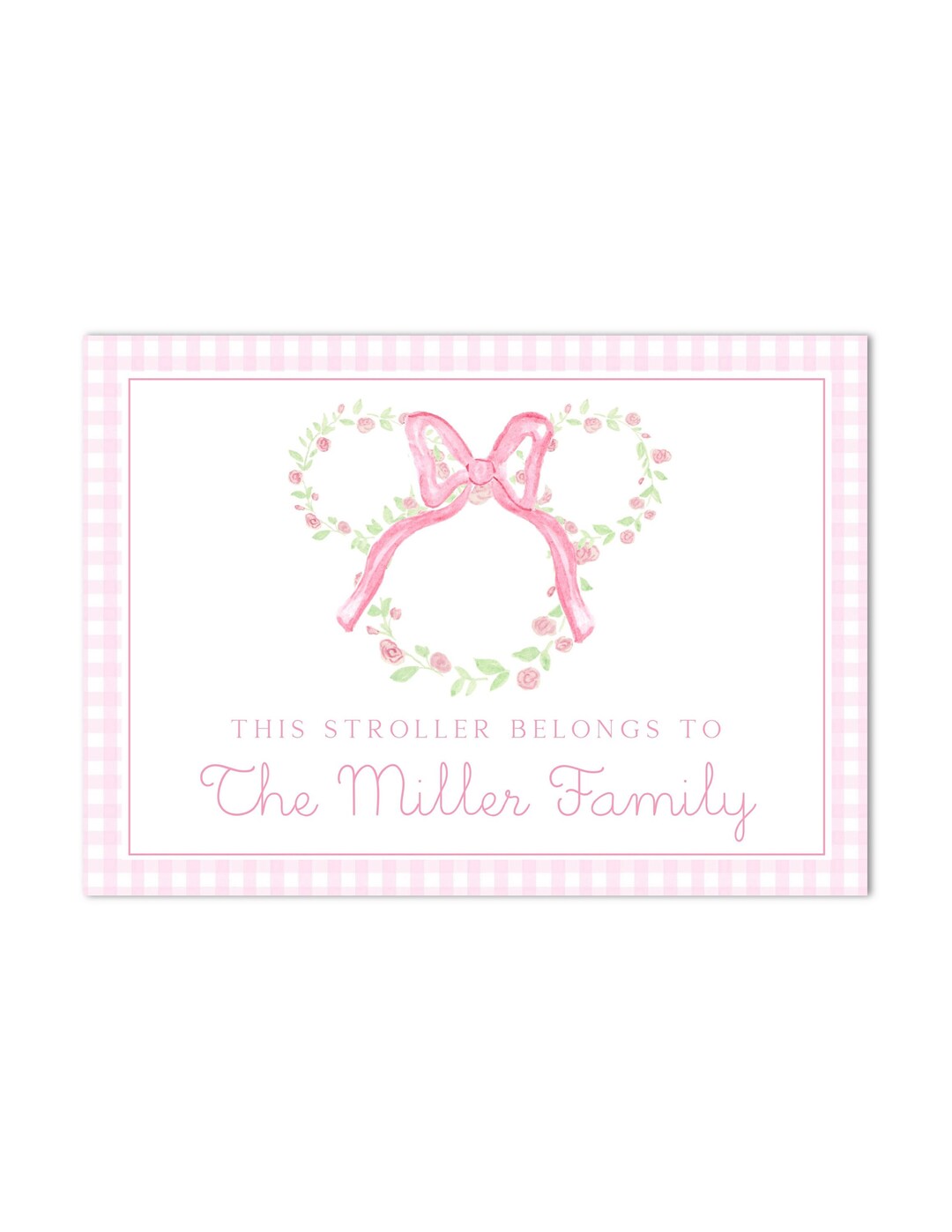 Printable Stroller Tag - Preppy Gingham Watercolor Floral Mouse Ears ...