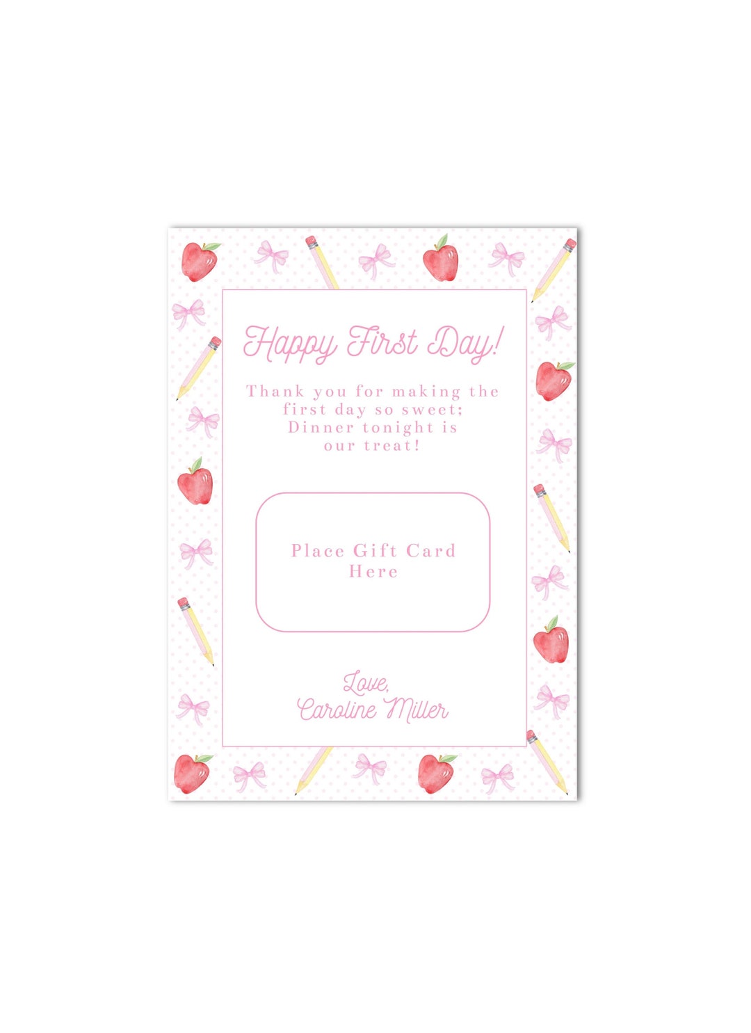 Printable Teacher First Day of School Dinner Gift Card Holder | 5x7 ...