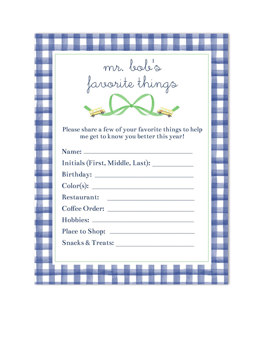 Printable Bus Driver Favorite Things List - Back to School - 8.5x11 ...