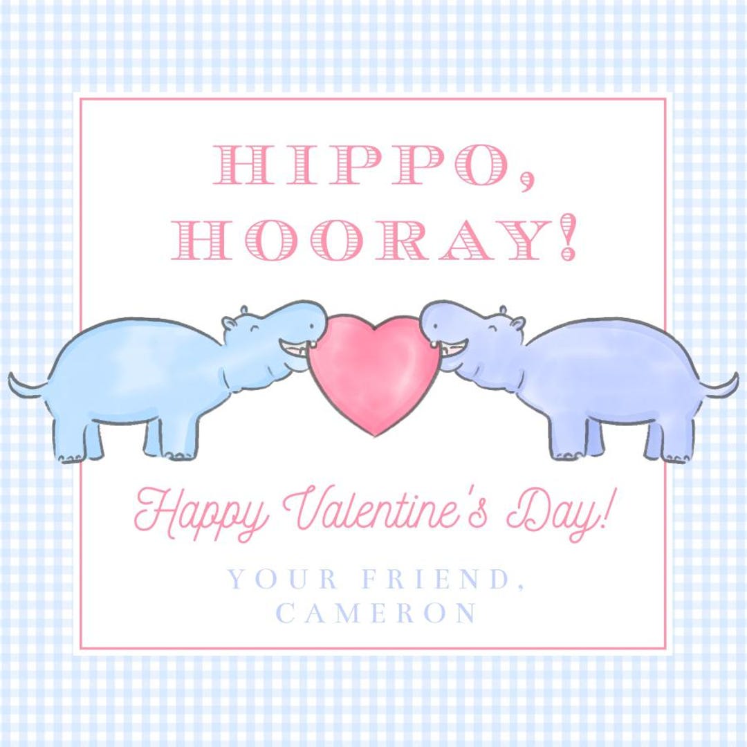 Printable Valentines Hippo Gift Tag hippo, Hooray Happy Valentine's Day ...