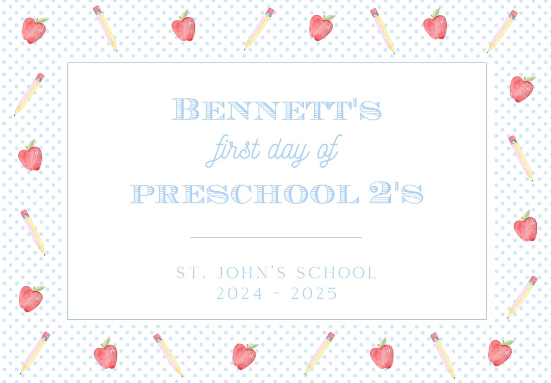 Printable First Day of School Sign - Watercolor Pencil Apple Blue Bitty ...