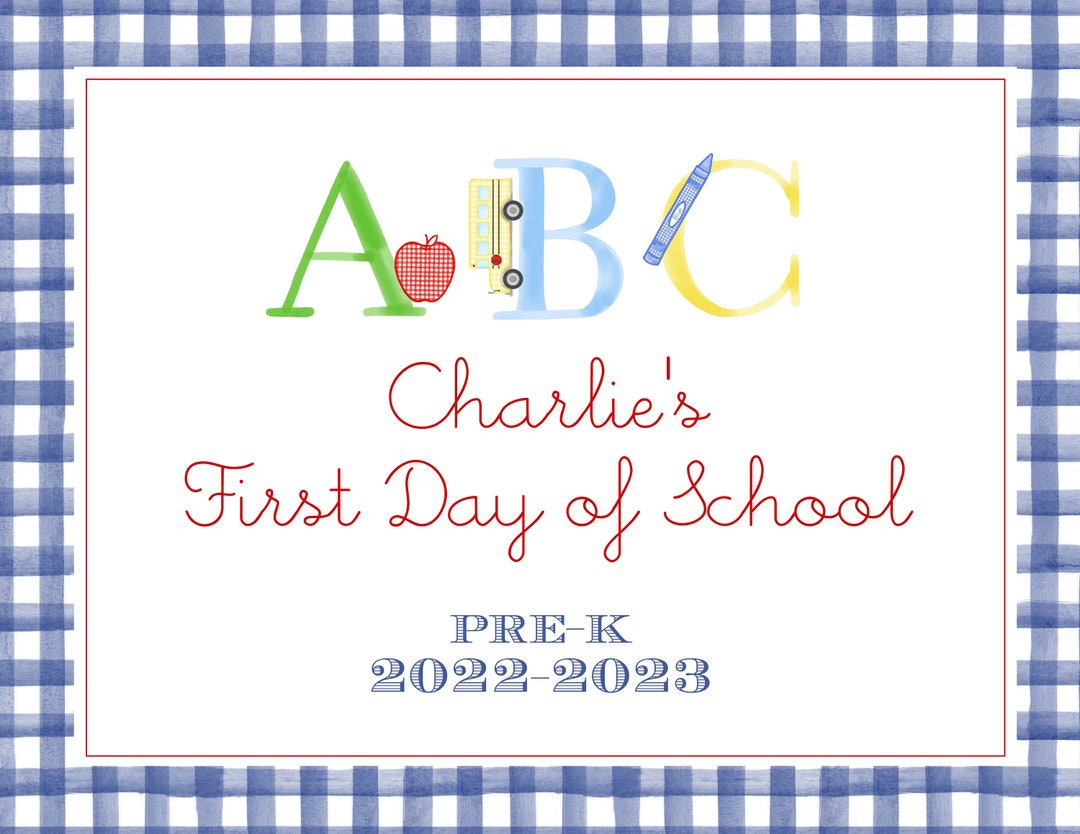 First Day of School Sign - Watercolor ABC Navy Blue Gingham - Preppy ...