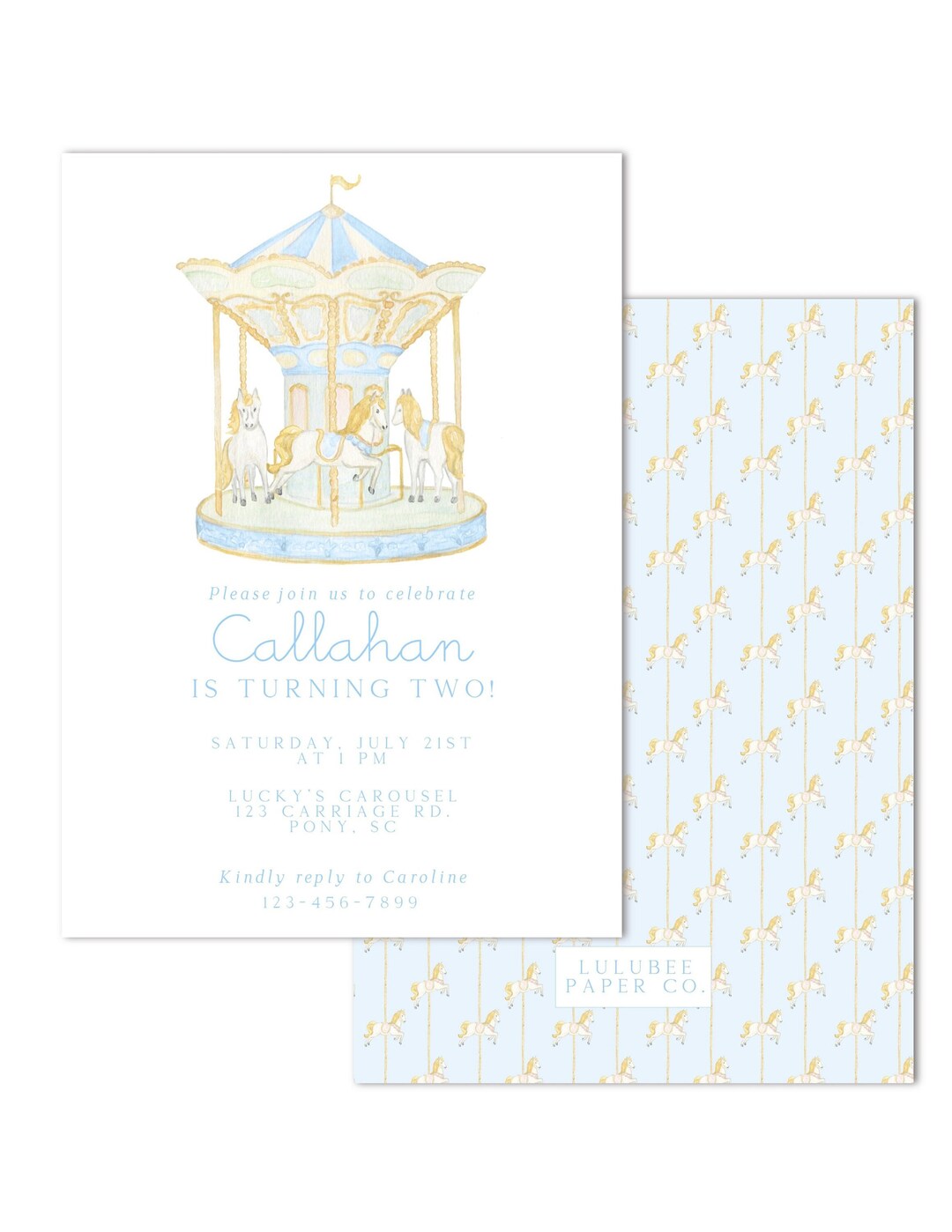 Printable Watercolor Carousel Birthday Invitation 5x7 Blue - Etsy