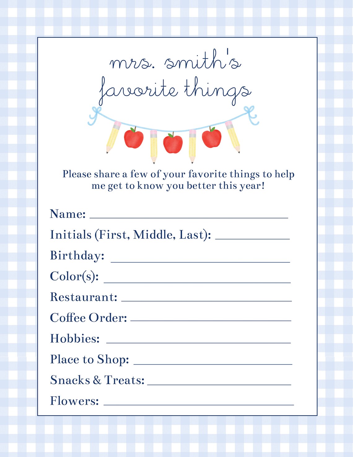 Printable Teacher Favorite Things List - Back to School, All About My ...