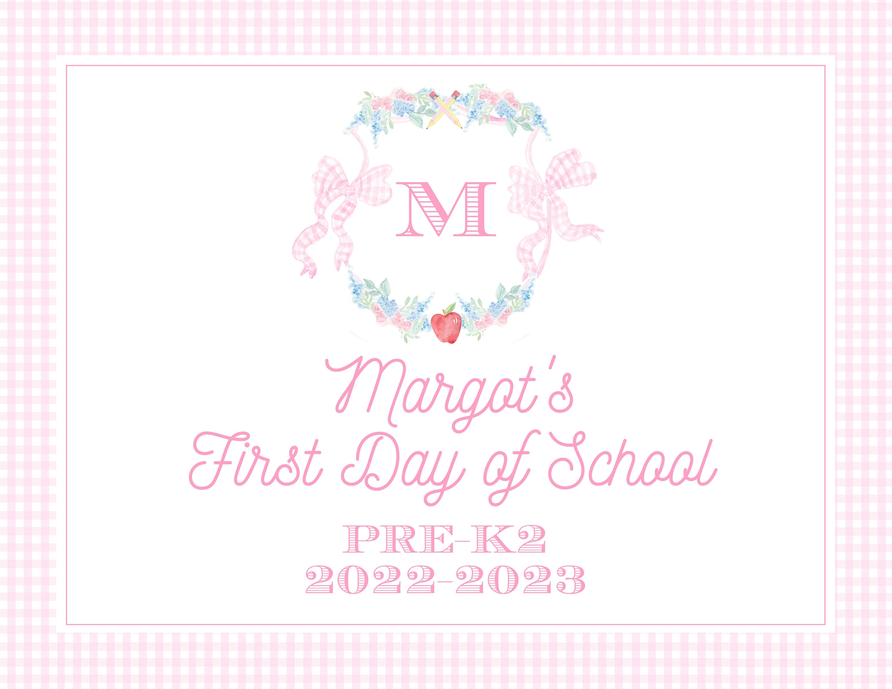 Printable First Day of School Sign Watercolor Bow Monogram - Etsy