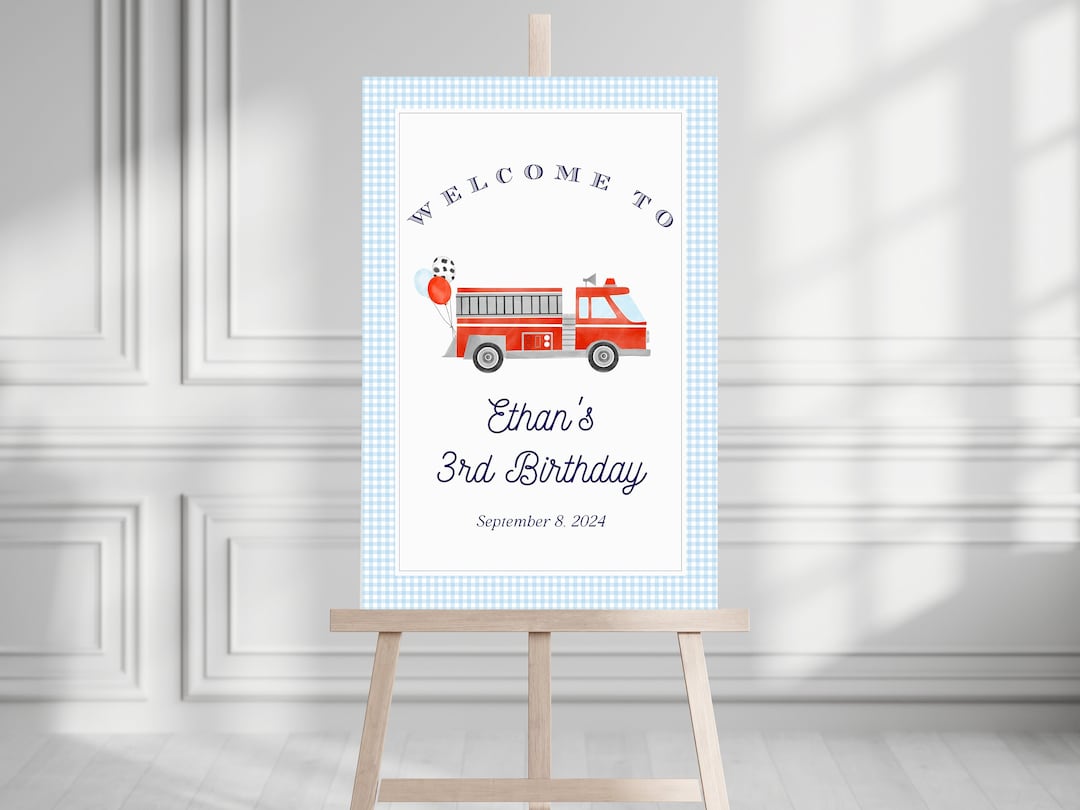 Watercolor Firetruck Birthday Welcome Sign - 24x36" - Preppy, Gingham ...