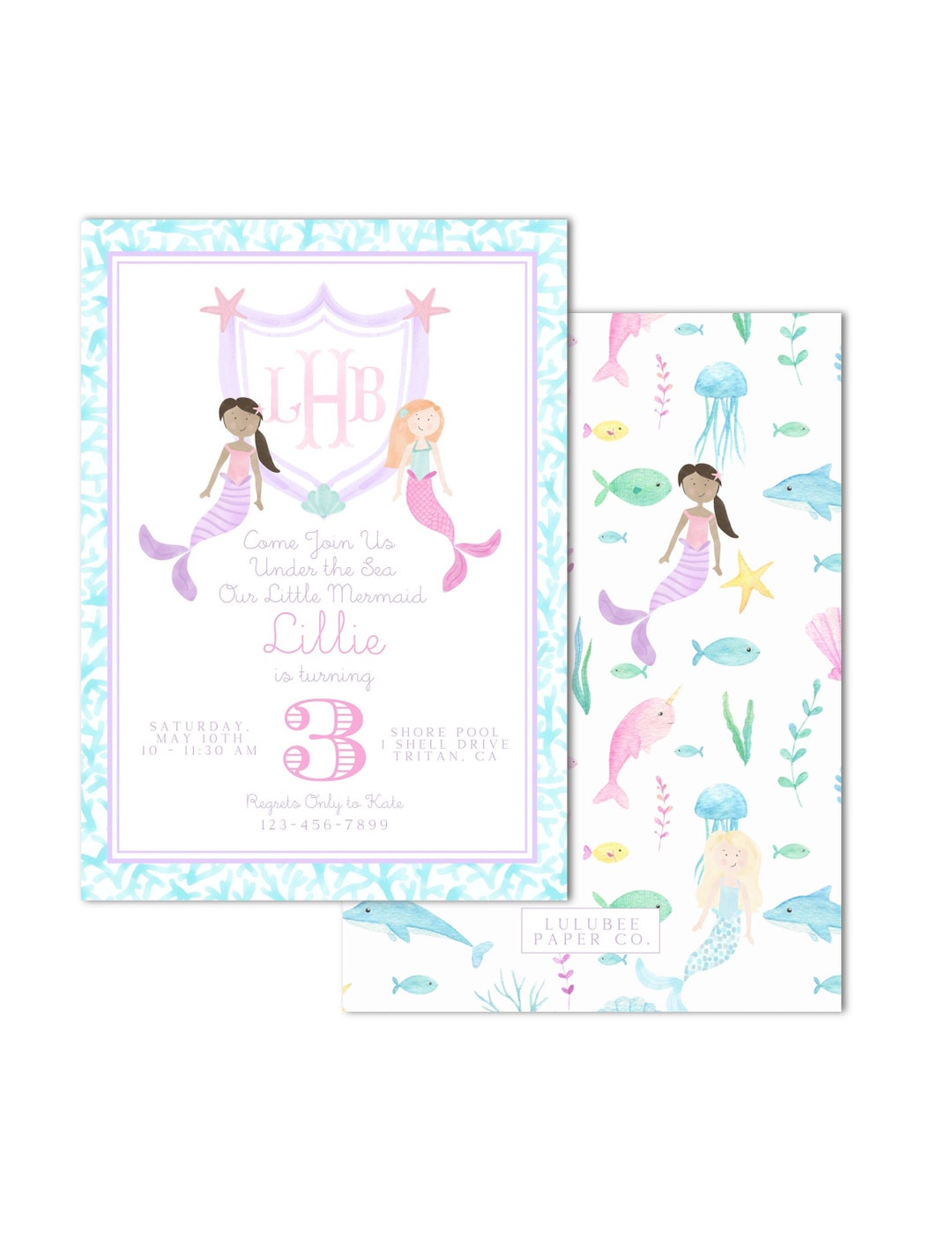 Printable Watercolor Mermaid Monogram Birthday Party Invitation - Let's ...
