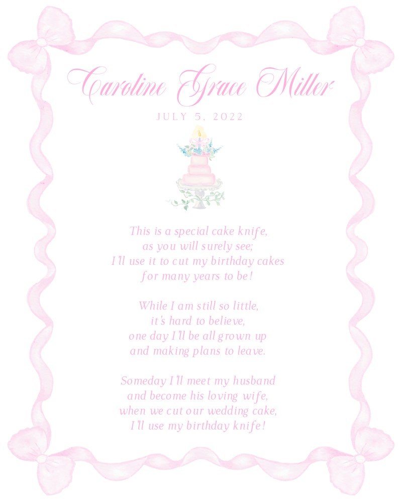 PRINTABLE Pink Birthday Cake Knife Poem First Birthday - Etsy
