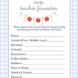 Printable Teacher Favorite Things List - Back to School, All About My ...