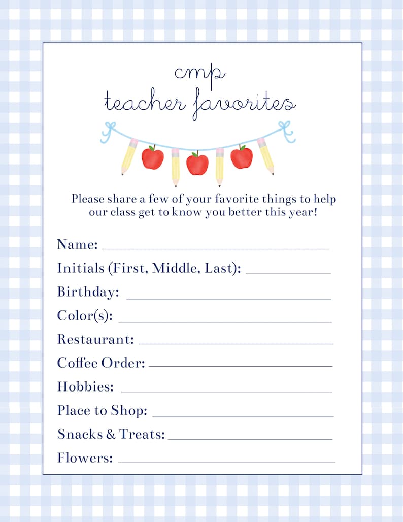 Printable Teacher Favorite Things List Back to School All - Etsy