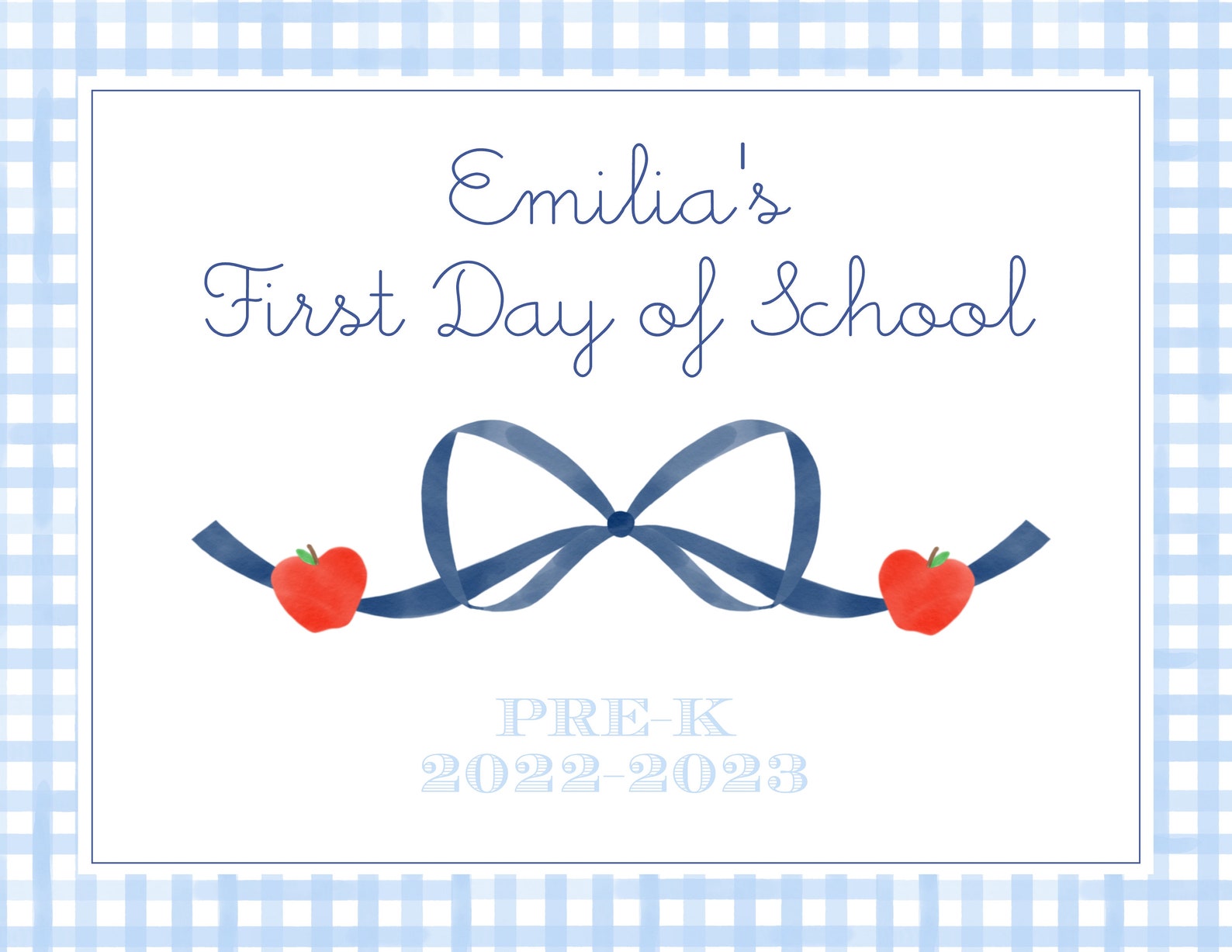 First Day of School Sign - Watercolor Apple Bow Light Blue Gingham ...