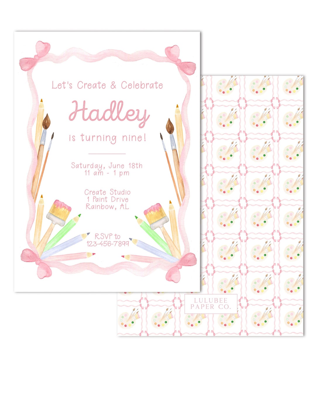 Printable Watercolor Art Party Invitation | 5x7 | Pink Bows ...