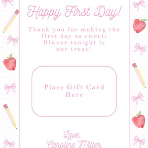 Printable Teacher First Day of School Dinner Gift Card Holder | 5x7 ...