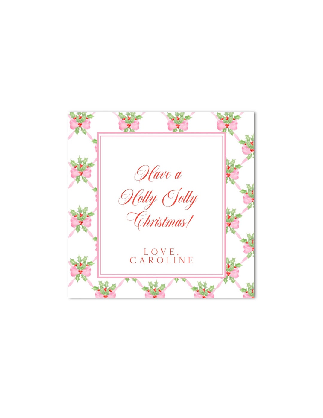 Printable Holiday Gift Tag Pink Holly Bow Trellis Grandmillenial ...