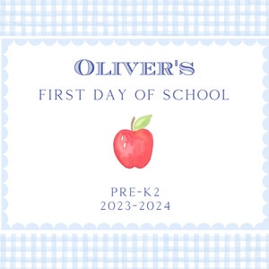 Printable First Day of School Sign - Watercolor Blue Gingham With Apple ...