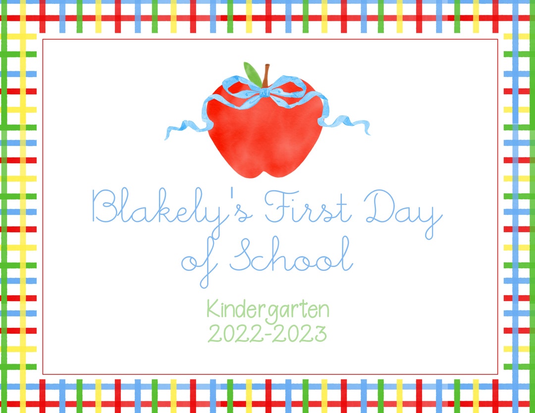 Personalized First Day of School Sign - Preppy Watercolor Apple Bow ...