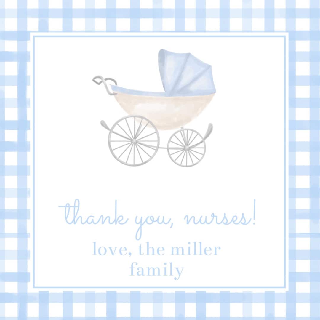 Baby Boy Gift Tag - Blue Watercolor Gingham With Carriage - Welcome to ...