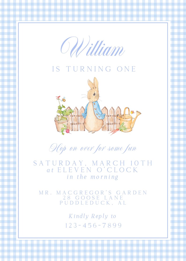 Watercolor Peter Rabbit Birthday Invitation Blue Gingham - Etsy