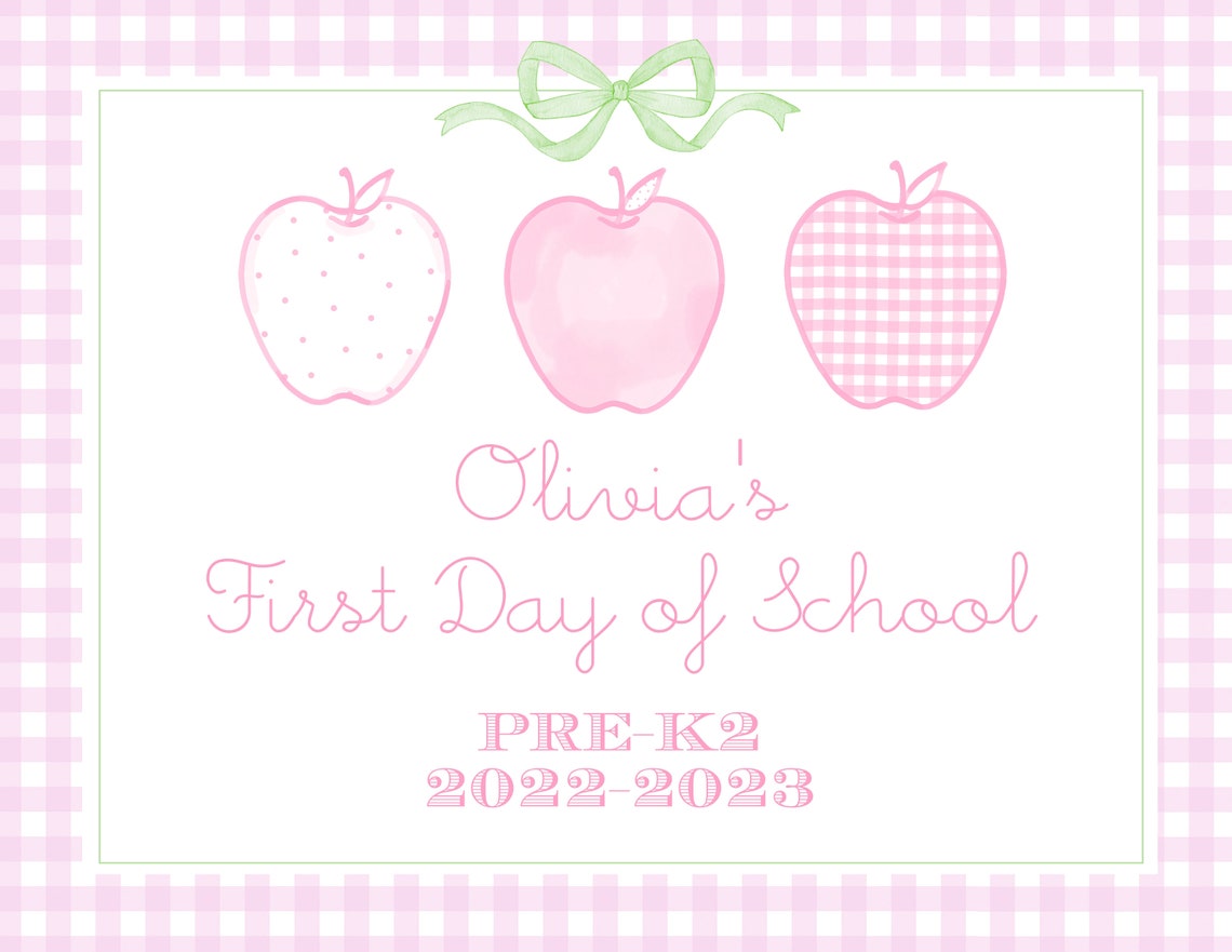 First Day of School Sign Watercolor Pink Apple Bow Pink - Etsy