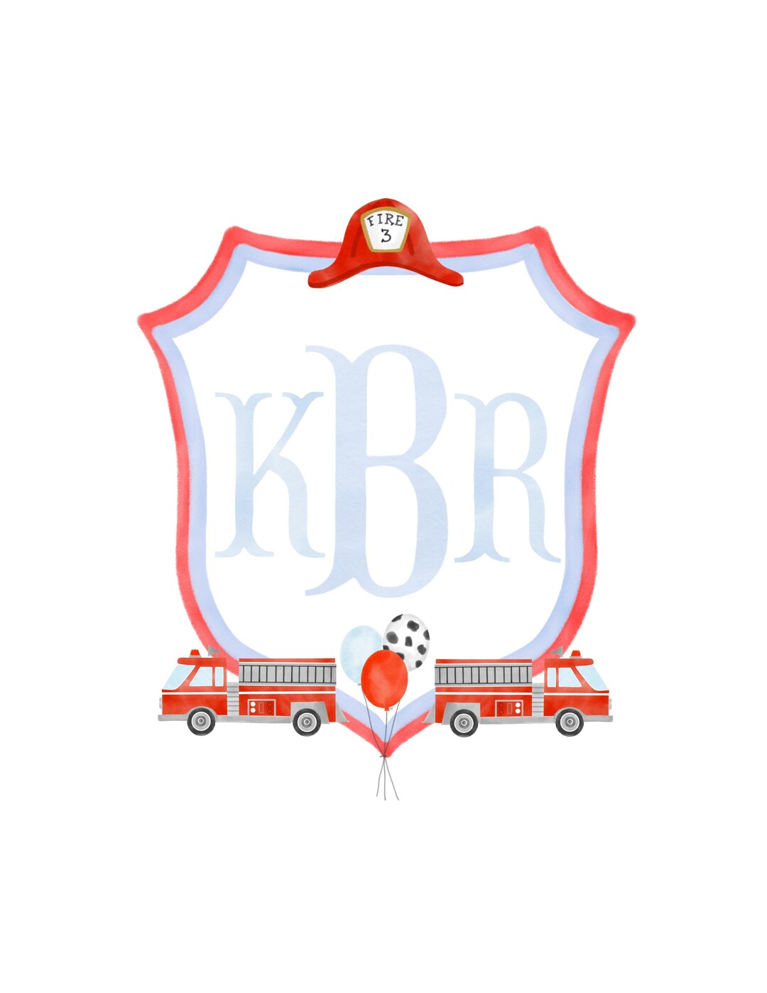 Printable Watercolor Firetruck Birthday Monogram Cake Topper | Sound ...