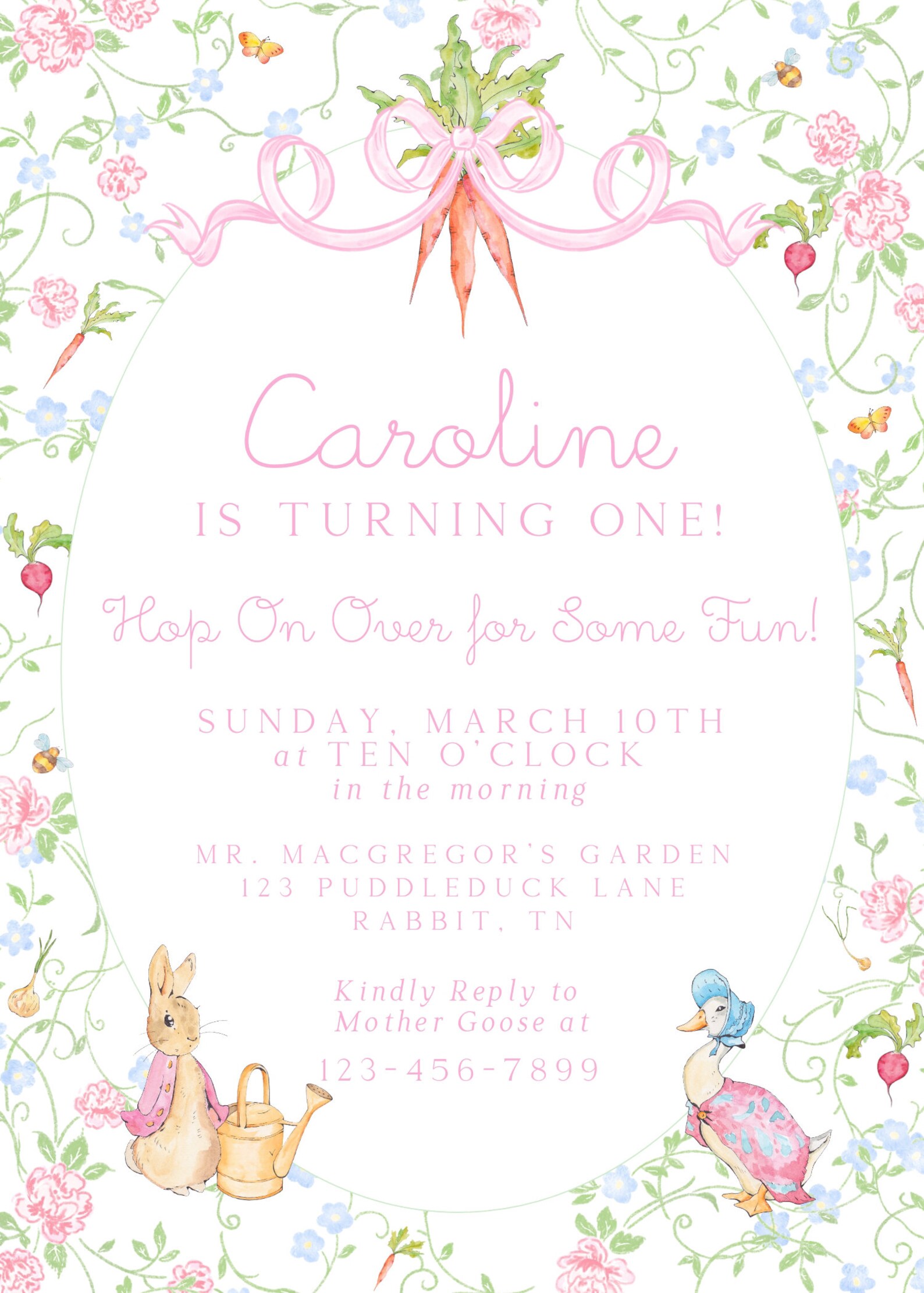 Printable Watercolor Peter Rabbit Birthday Invitation - Girly Floral ...