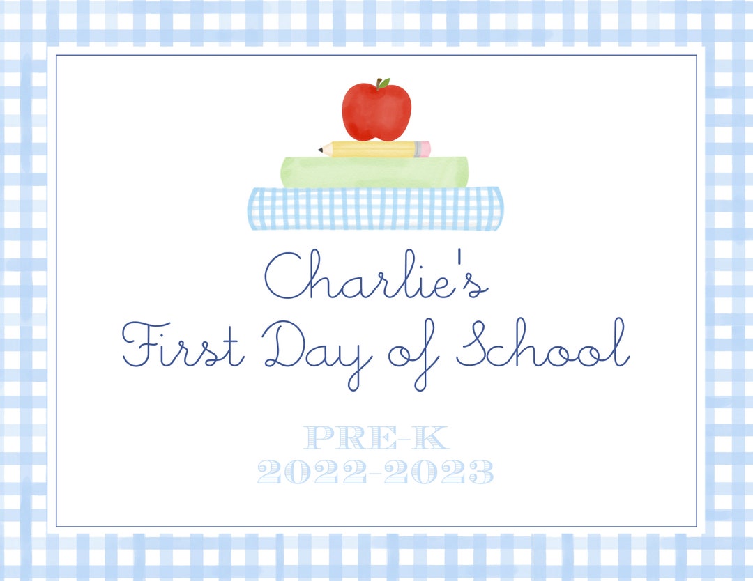 First Day of School Sign - Watercolor Books Blue Gingham - Preppy ...