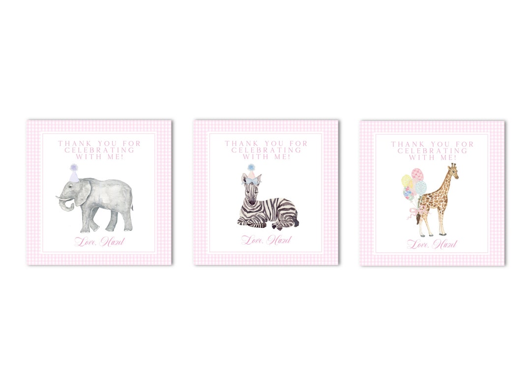 Printable Pink Party Animal Birthday Favor Tags | 3x3" | Watercolor ...