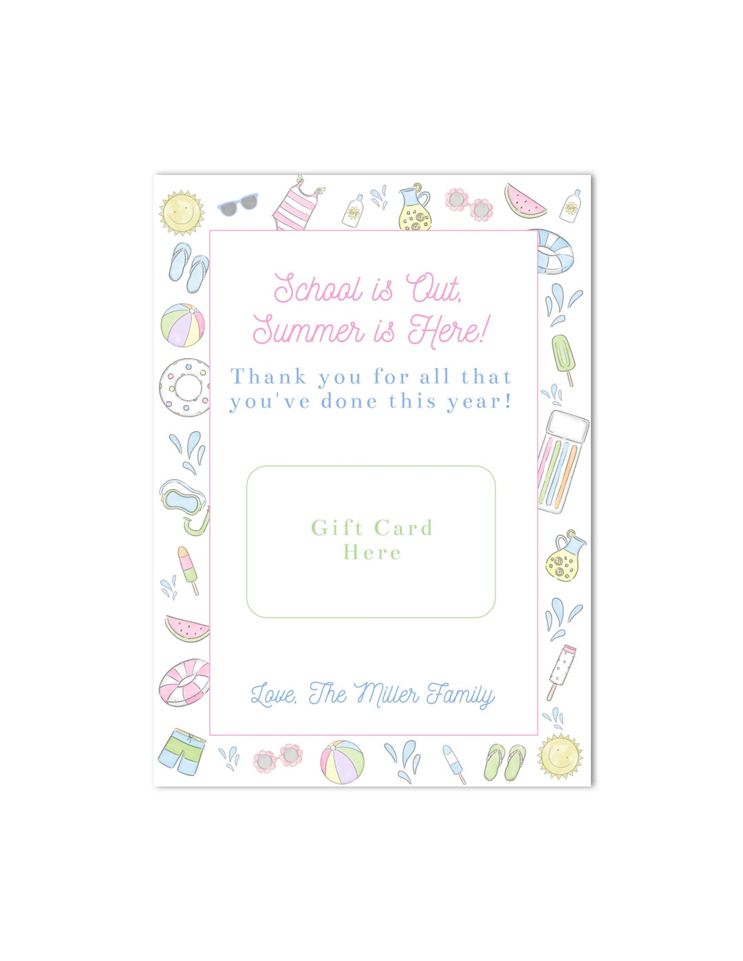 Printable Teacher End of School Year Summer Gift Card Holder 5x7 Last ...