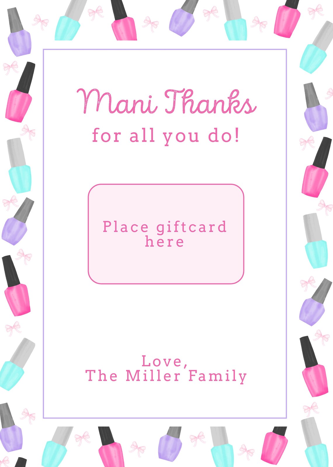 Printable Manicure Gift Card Holder | 5x7" | "mani Thanks!" Teacher ...