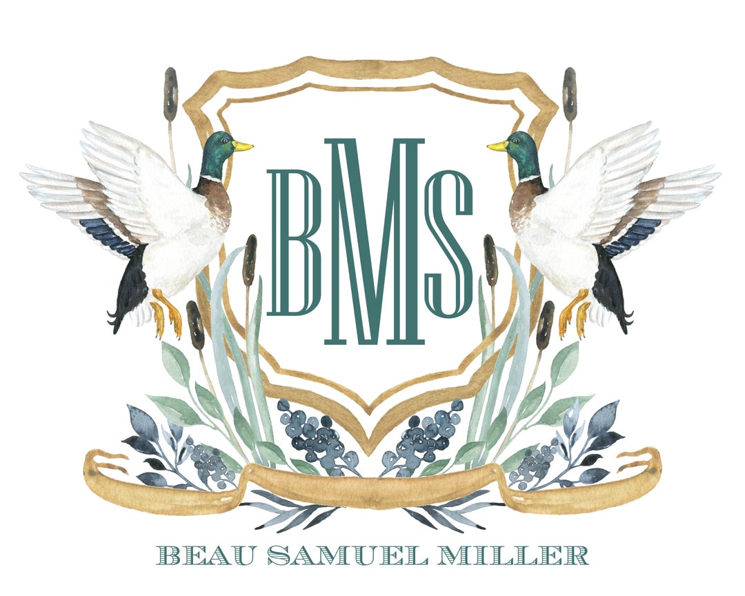 Printable Watercolor Mallard Monogram Crest Calling Card | 3x3 | Birth ...