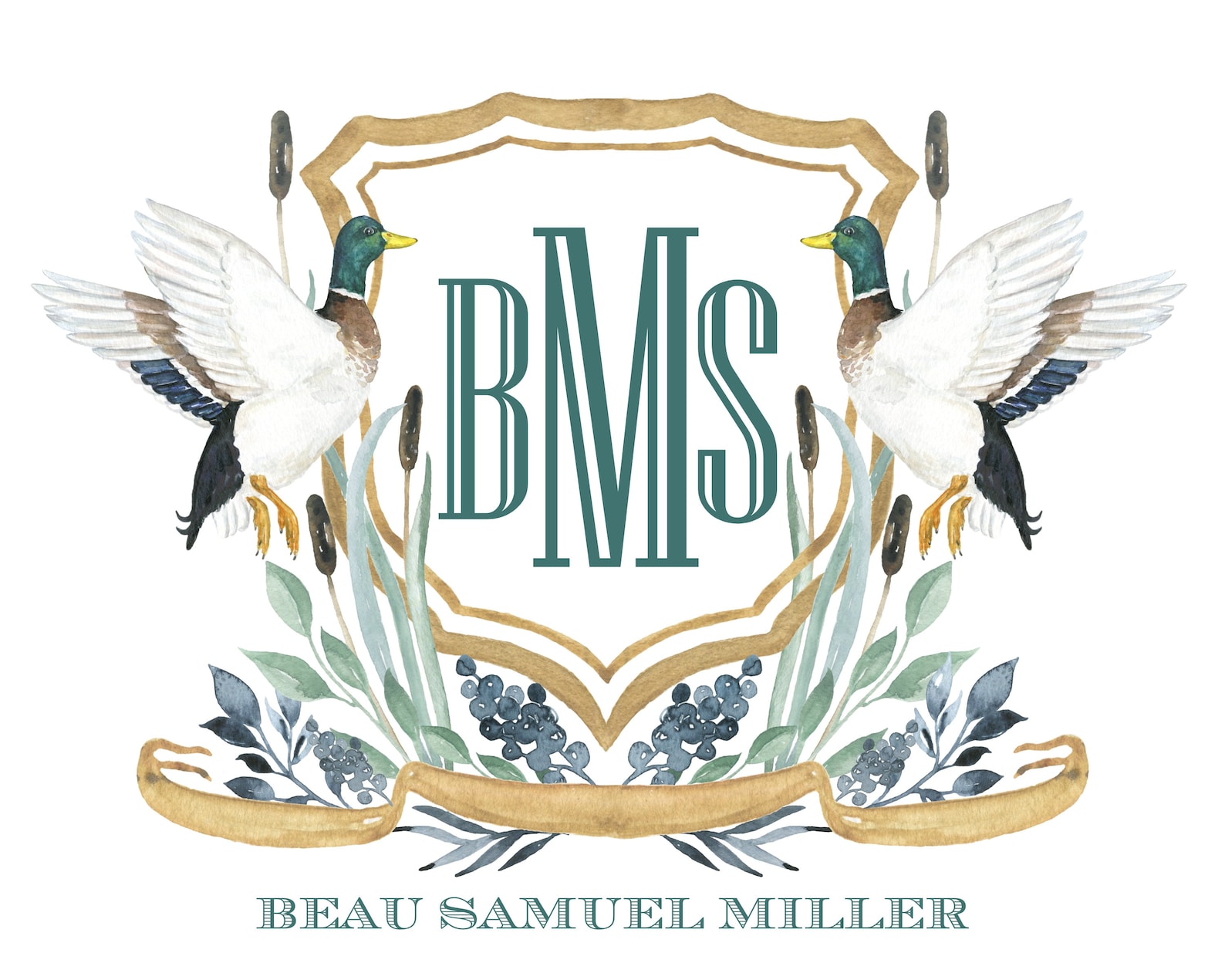 Printable Watercolor Mallard Monogram Crest Calling Card | 3x3 | Birth ...