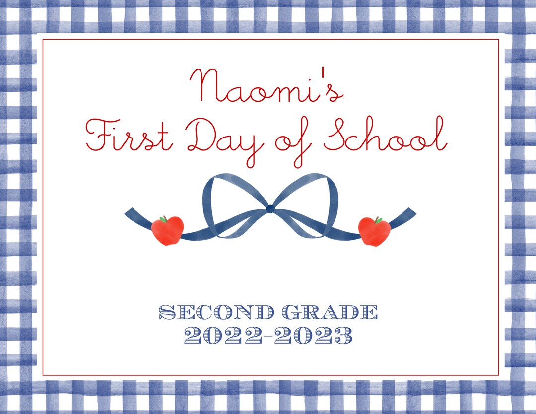 First Day of School Sign - Watercolor Apple Bow Navy Blue Gingham ...