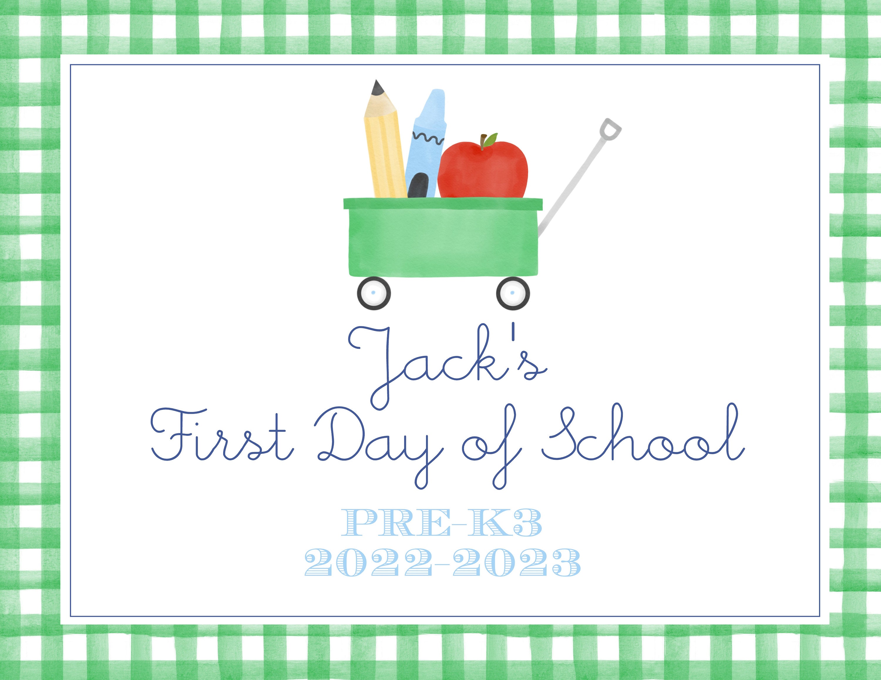 First Day of School Sign Watercolor Green Gingham Wagon - Etsy