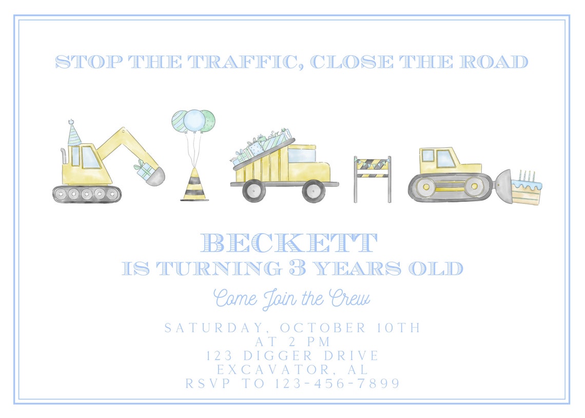 Printable Preppy Construction Birthday Invitation - Stop the Traffic ...