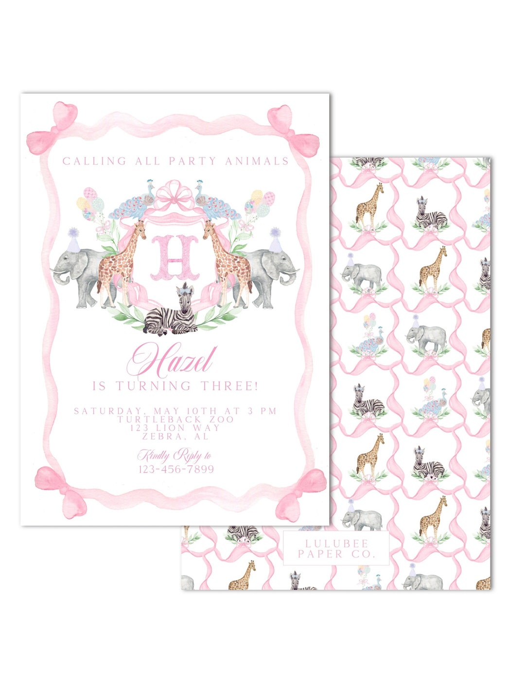 Printable Custom Monogram Party Animal Birthday Invitation - Watercolor ...