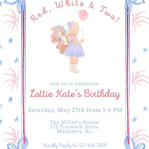 Printable Watercolor Patriotic Birthday Invitation - Red, White & TWO ...