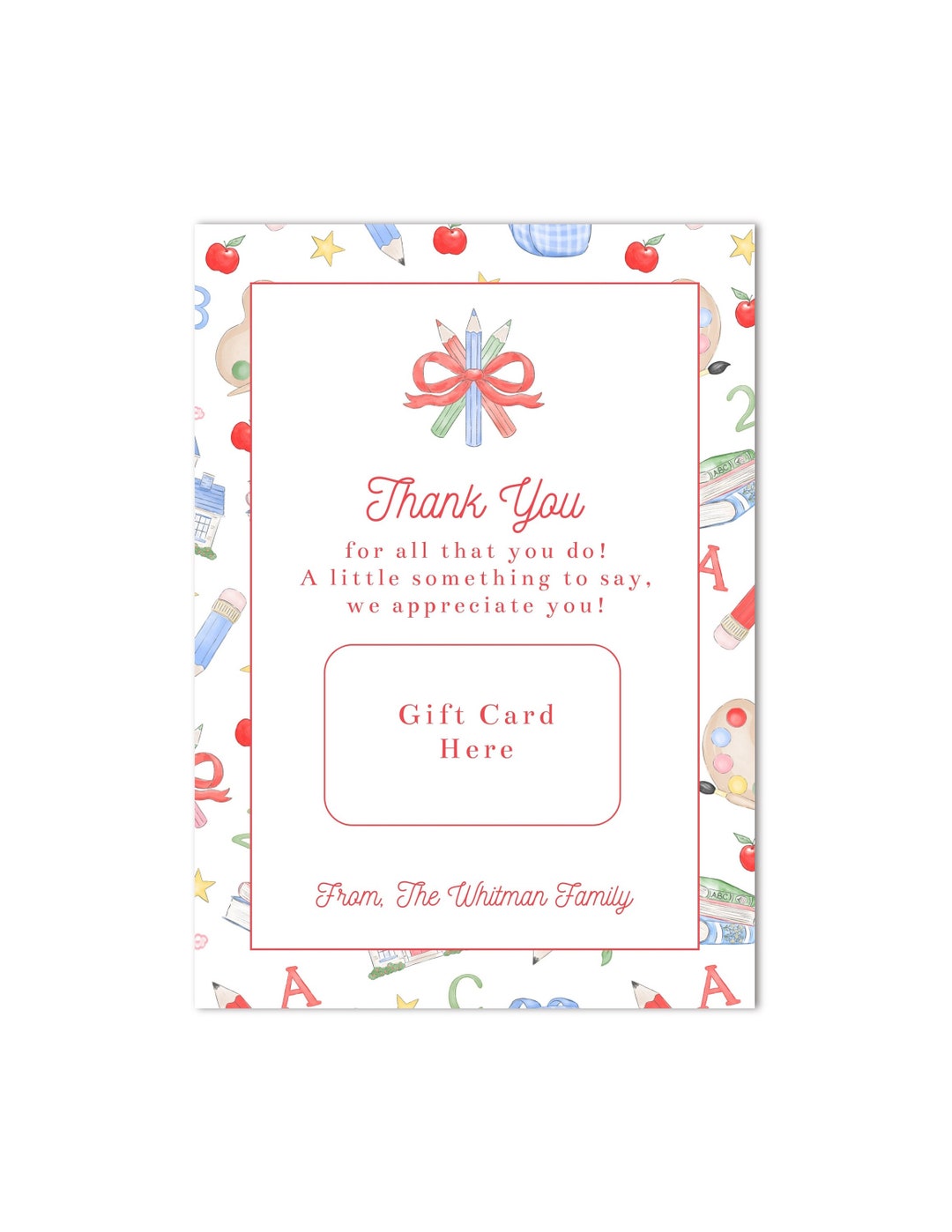 Printable Teacher School Gift Card Holder | 5x7 | Teacher Appreciation ...