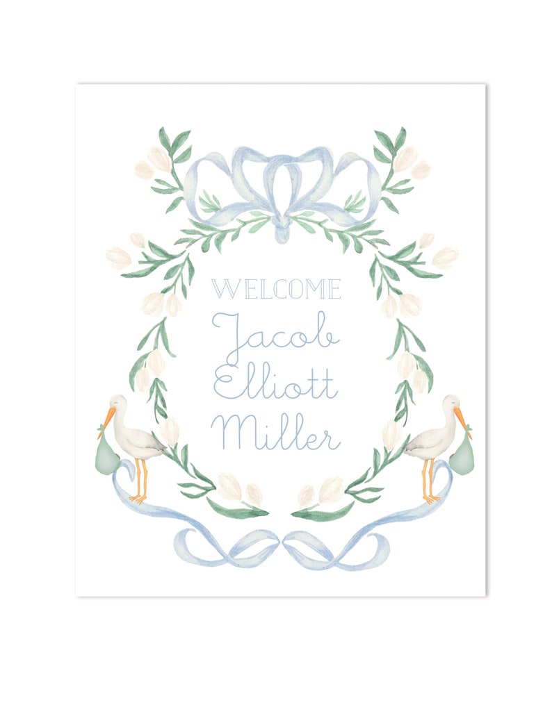 Baby Watercolor Stork Crest With Greenery Printable 8x10 - Etsy