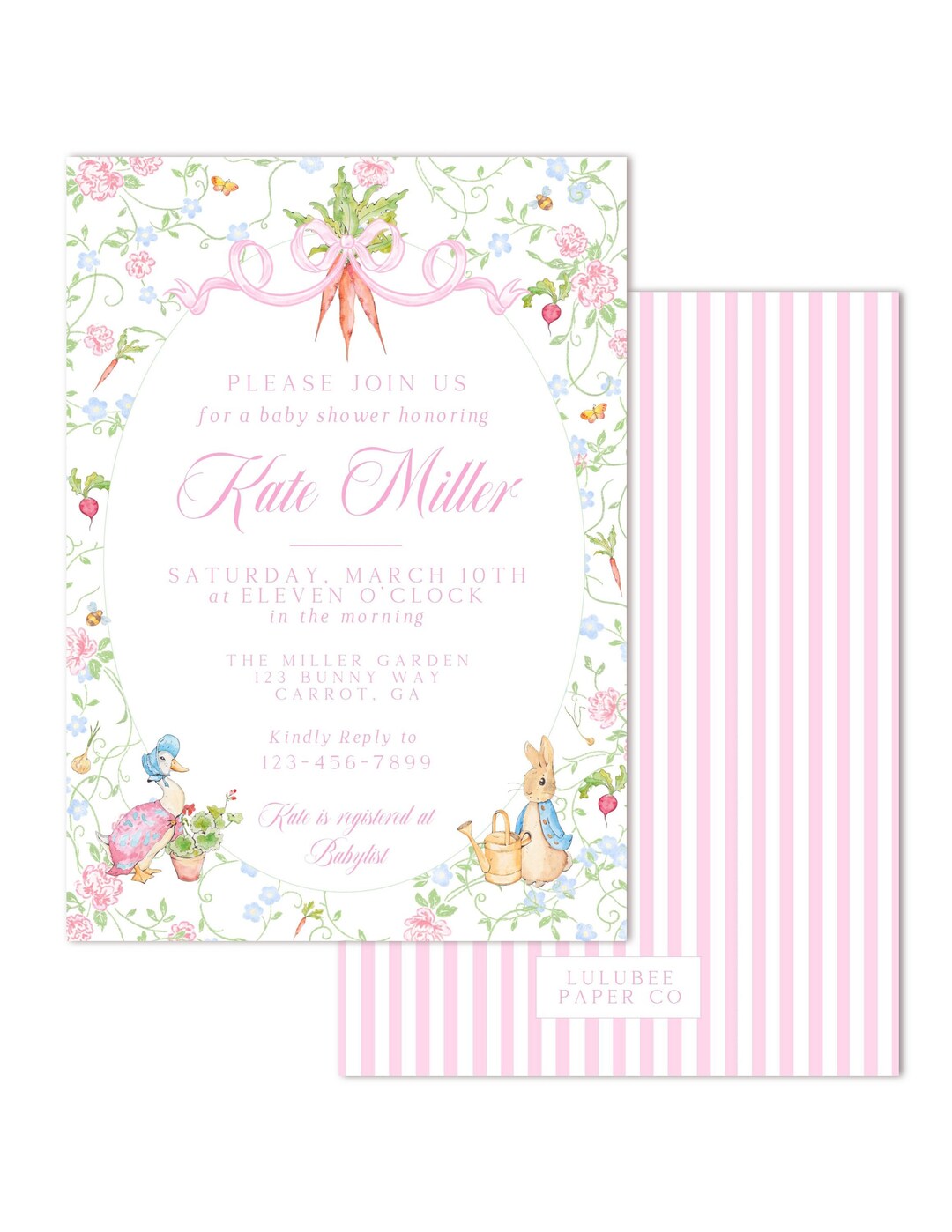 Printable Pink Peter Rabbit Baby Shower Invitation Mother Goose, Flora ...