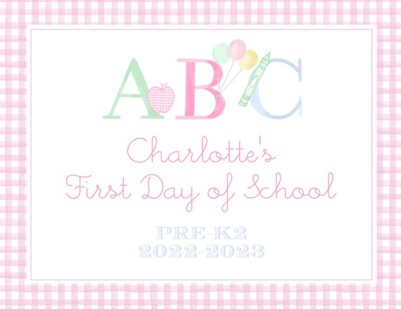 First Day of School Sign Watercolor ABC Girls Pink Gingham - Etsy