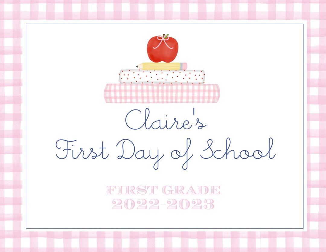 First Day of School Sign - Watercolor Books Pink Gingham - Preppy ...