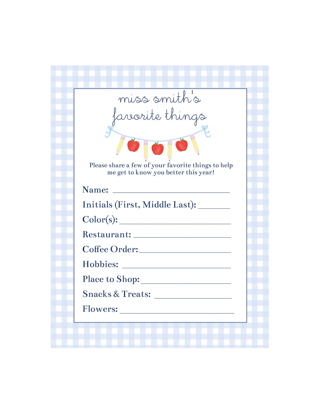 Printable Teacher Favorite Things List - Back to School, All About My ...