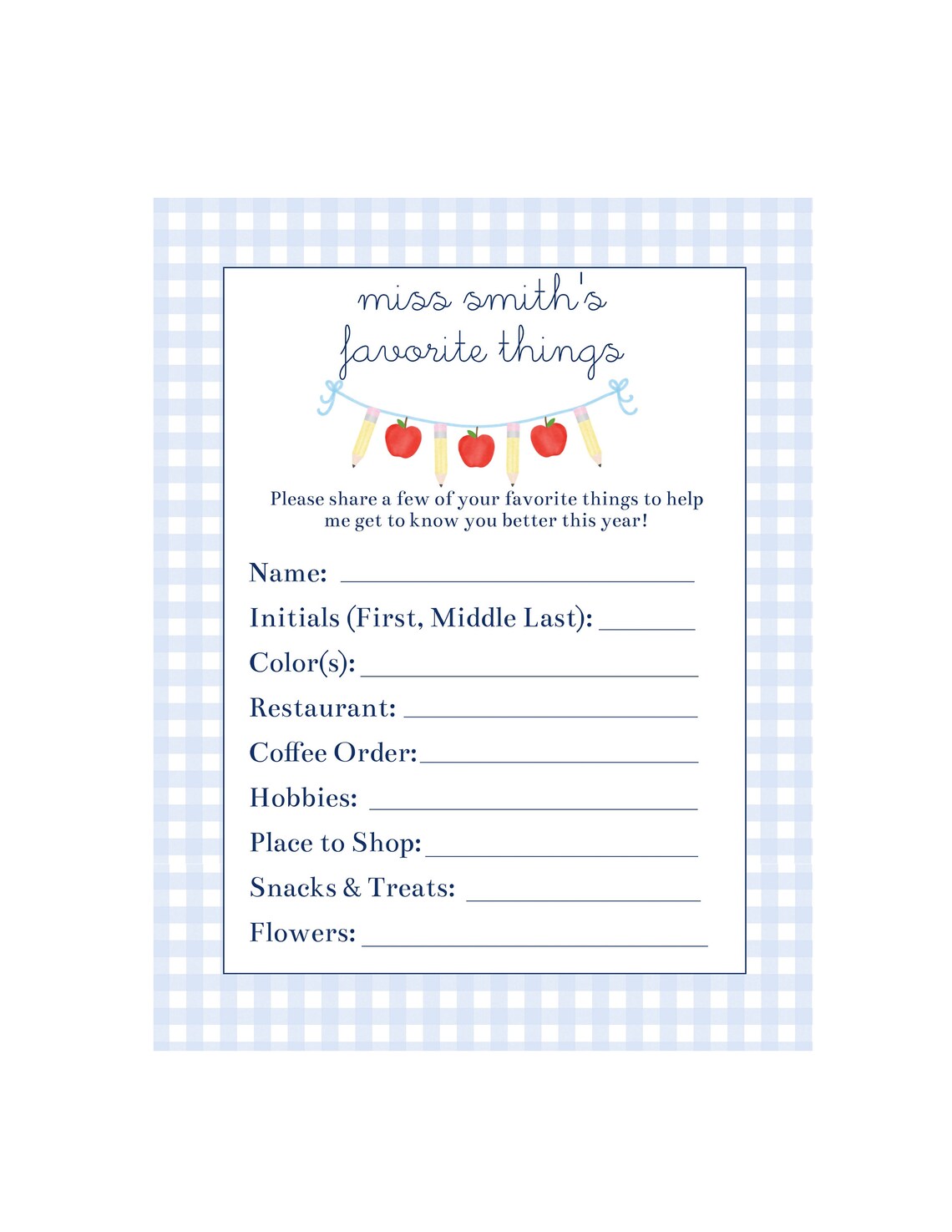 Printable Teacher Favorite Things List - Back to School, All About My ...