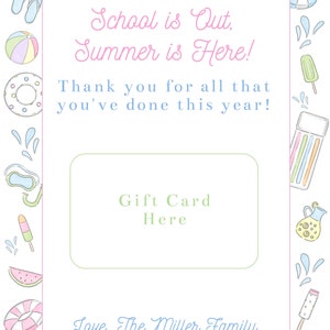 Printable Teacher End of School Year Summer Gift Card Holder | 5x7 ...