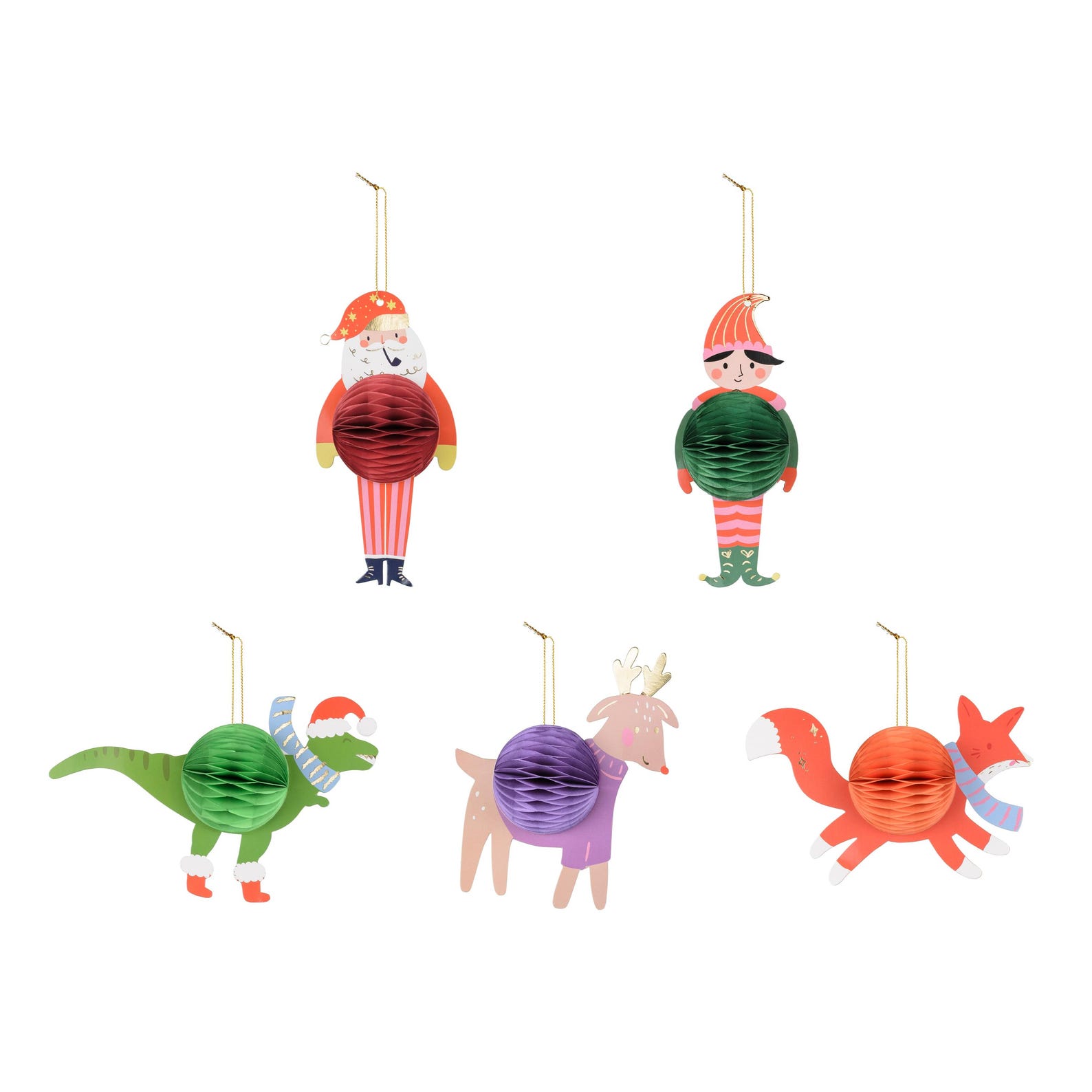 Christmas Honeycomb Tree Decorations - 5 Pack - Colourful Bright Kids ...