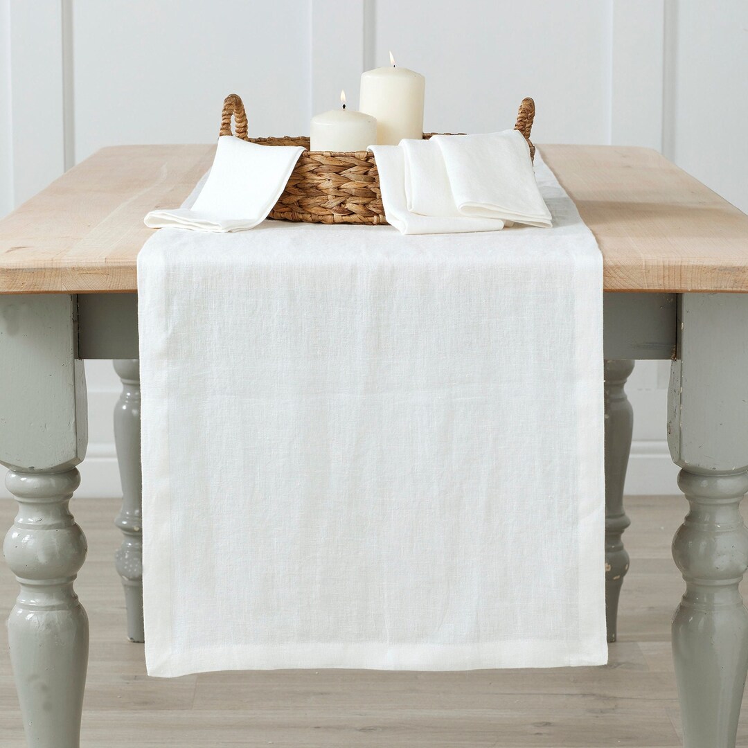White Linen Runner - 220cm - White Wedding Table Linen Dinner Party Tableware Simple Party Decor ...