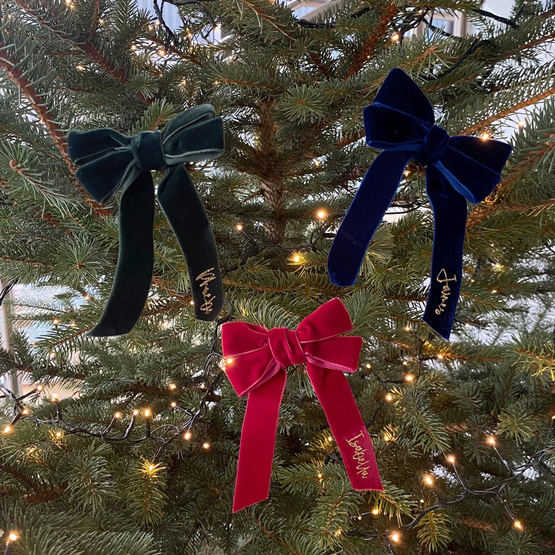 Personalised Velvet Bow Ribbon Tree Decoration - Christmas Decorations ...